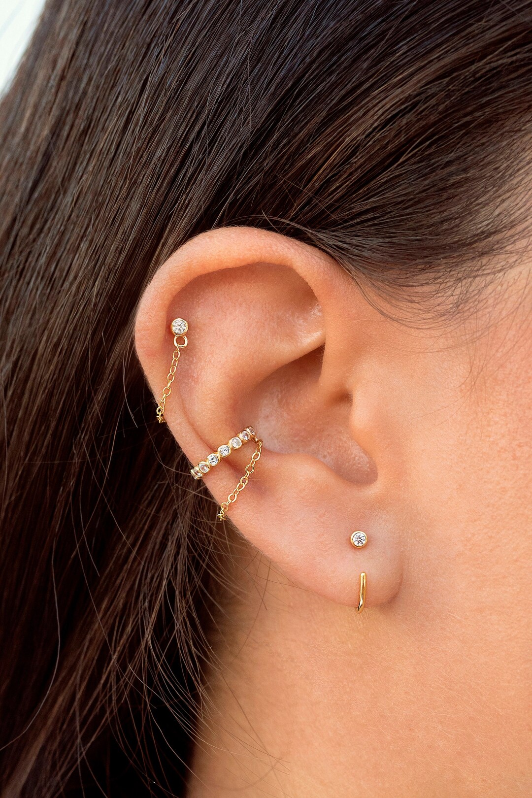 Tiny Round CZ Dangling Chain Stud Earrings - Etsy