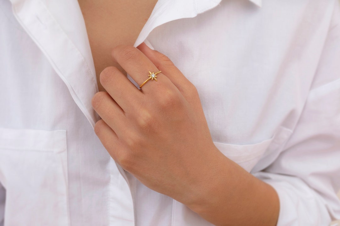 Thin 8-pointed Star-shaped Ring With Zirconia - Etsy