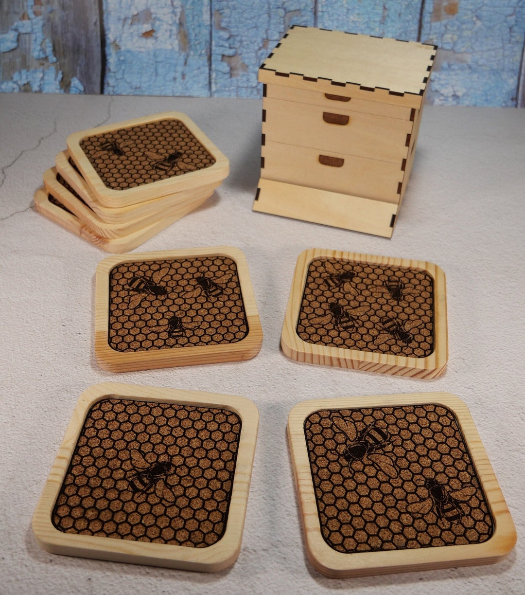 Square Beehive Coasters, Cork Lined, Laser Engraved With Honeybee Theme ...