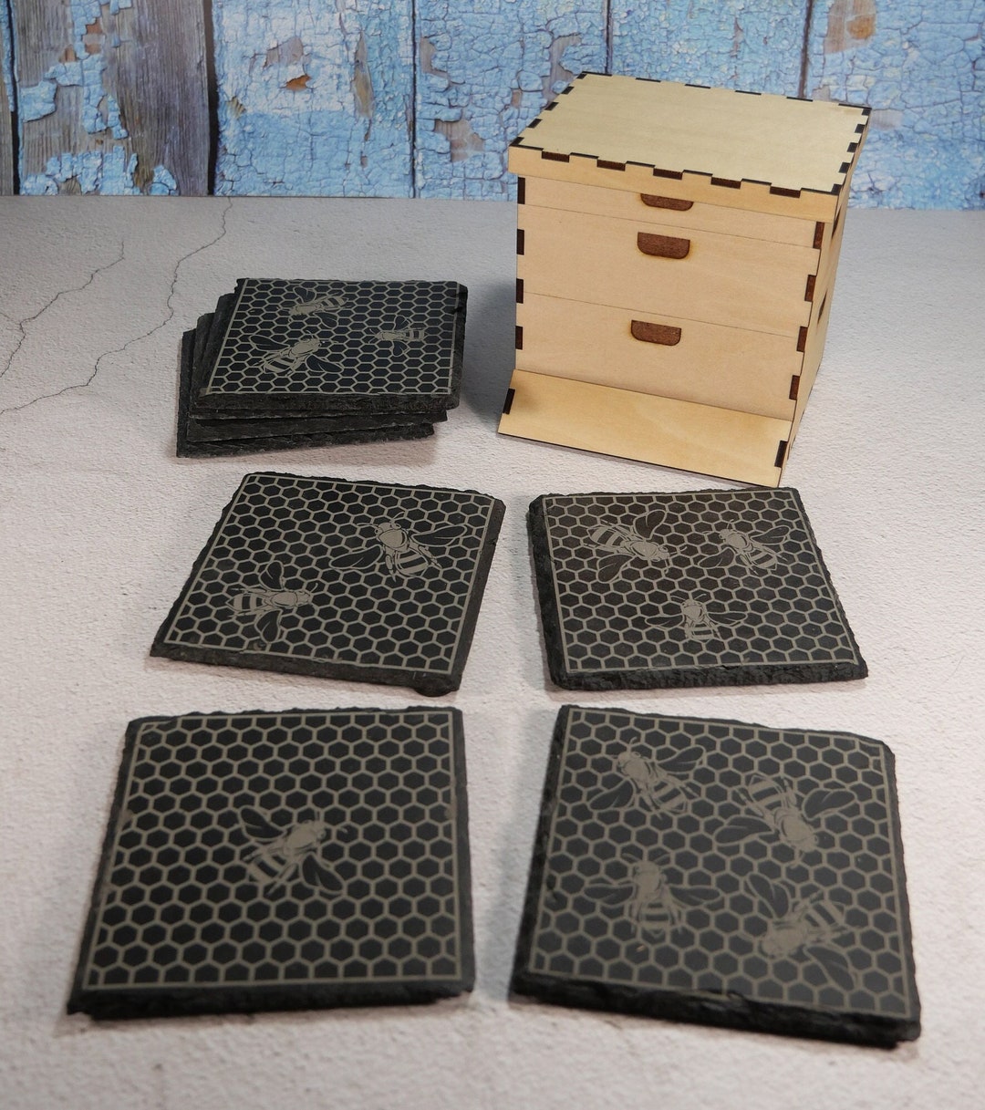 Square Slate Beehive Coasters, Laser Engraved With Honeybee Theme - Set ...