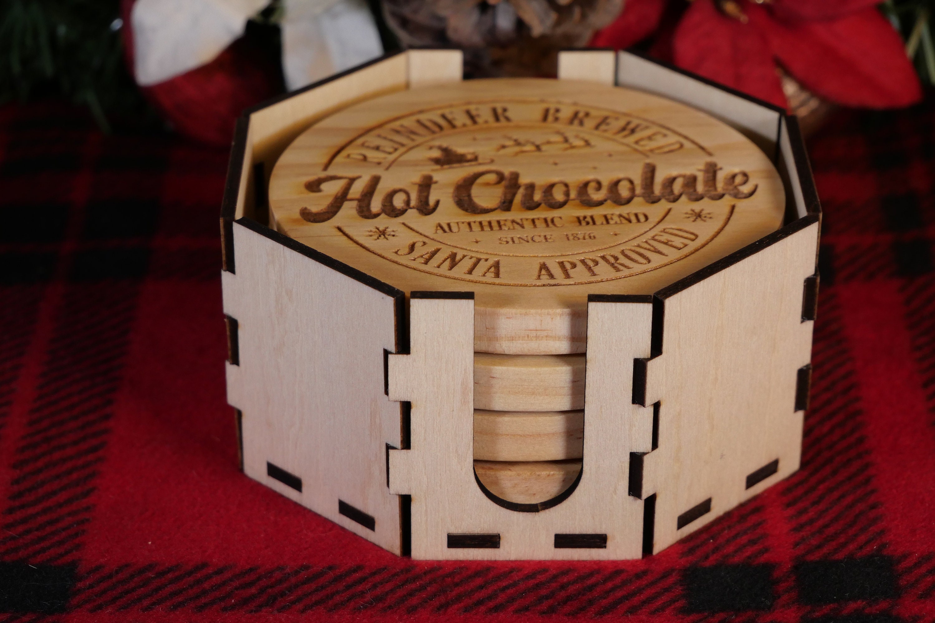 Wooden Christmas Coasters Set of 4 With Box Laser Engraved Reindeer ...