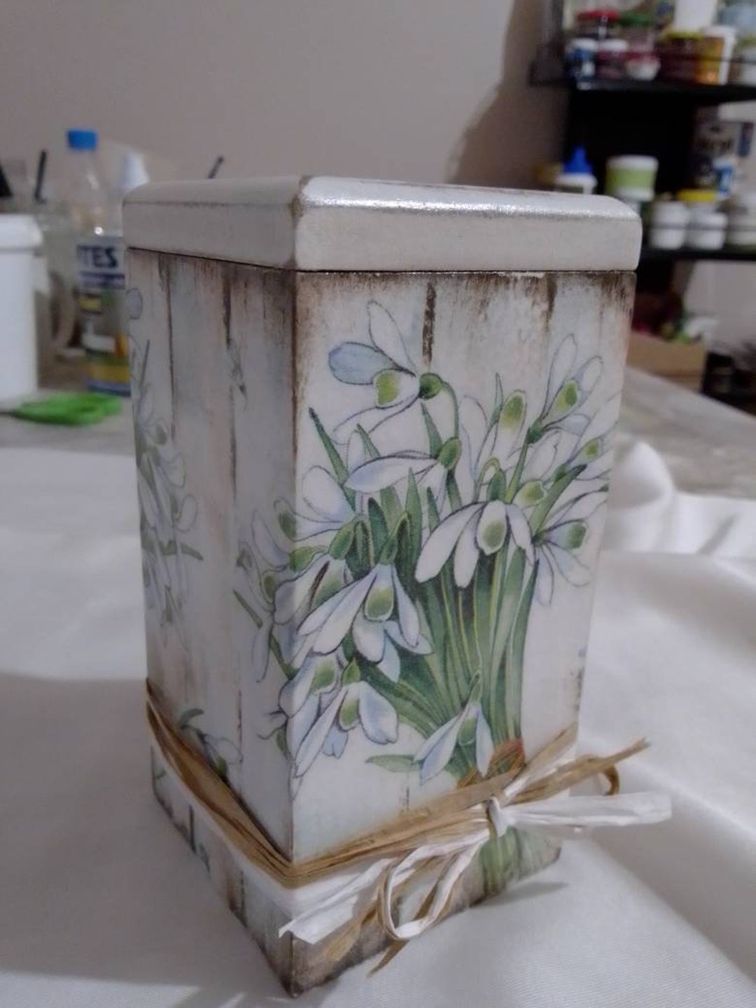 Candlestick Decorated Snowdrops, Wood Tealight Holder With Lid ...