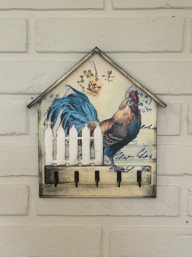 Farmhouse Country French Rooster and Hens House Key Holder, Key Hanger ...