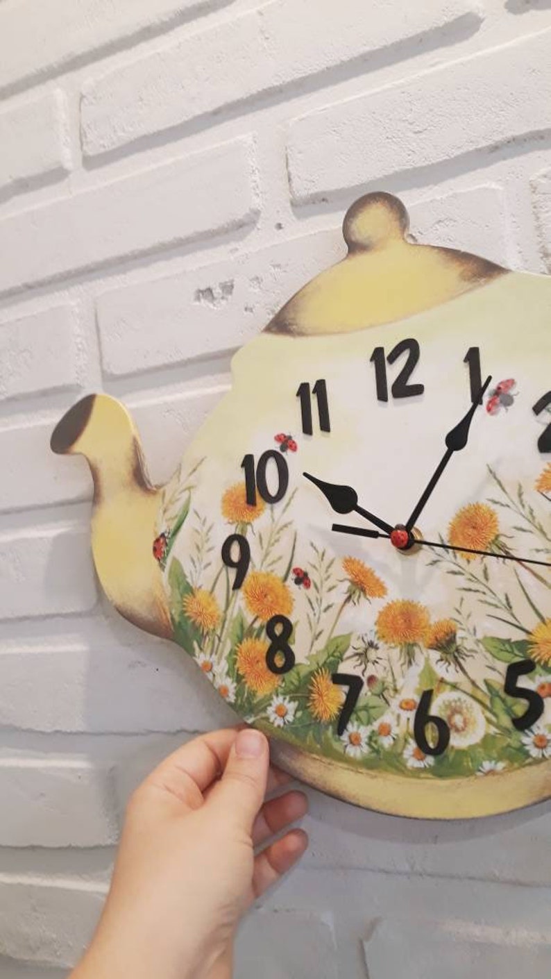Teapot Clock, Yellow Farmhouse Kitchen Wall Clock, Ladybugs and Daisies ...