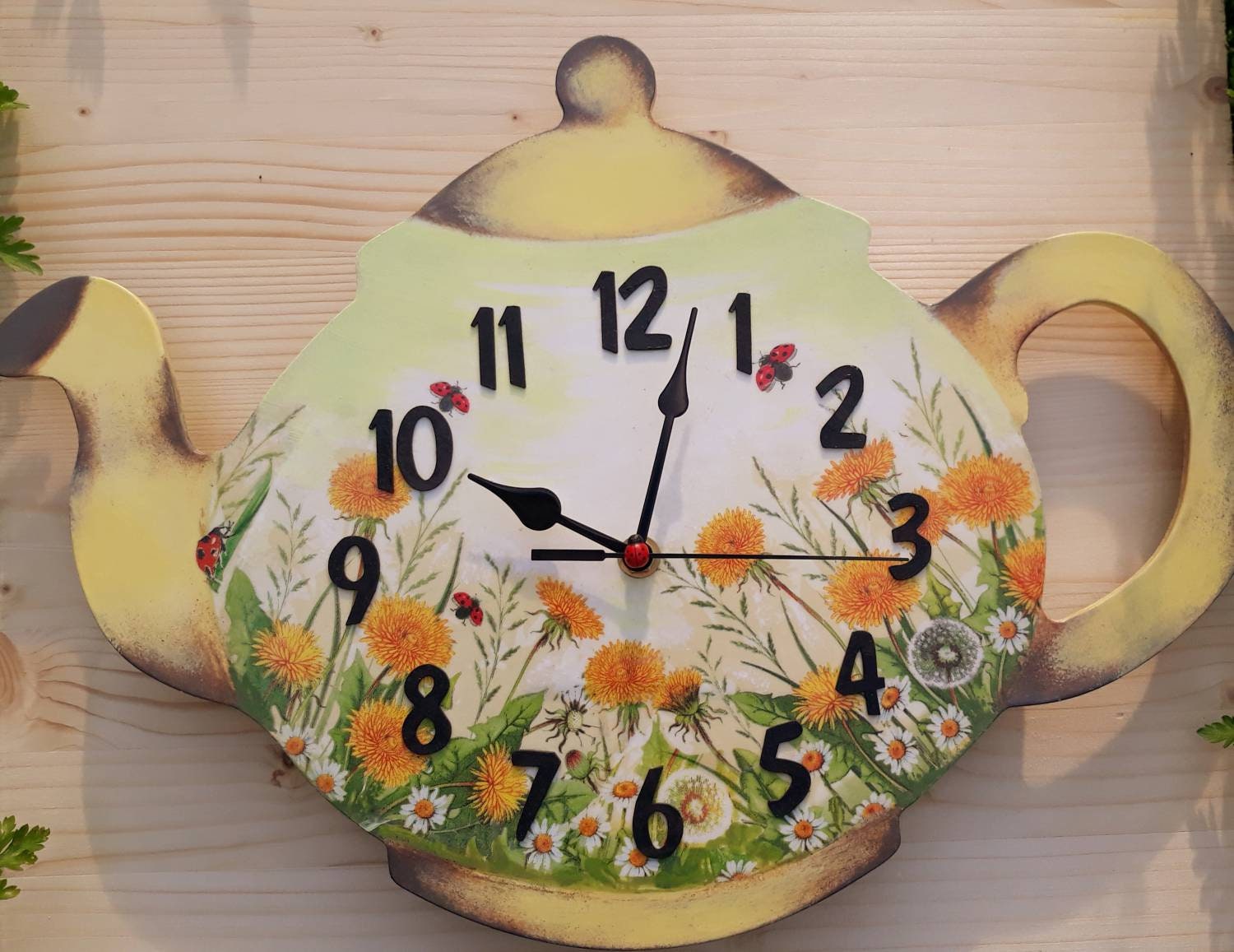 Teapot Clock, Yellow Farmhouse Kitchen Wall Clock, Ladybugs and Daisies ...