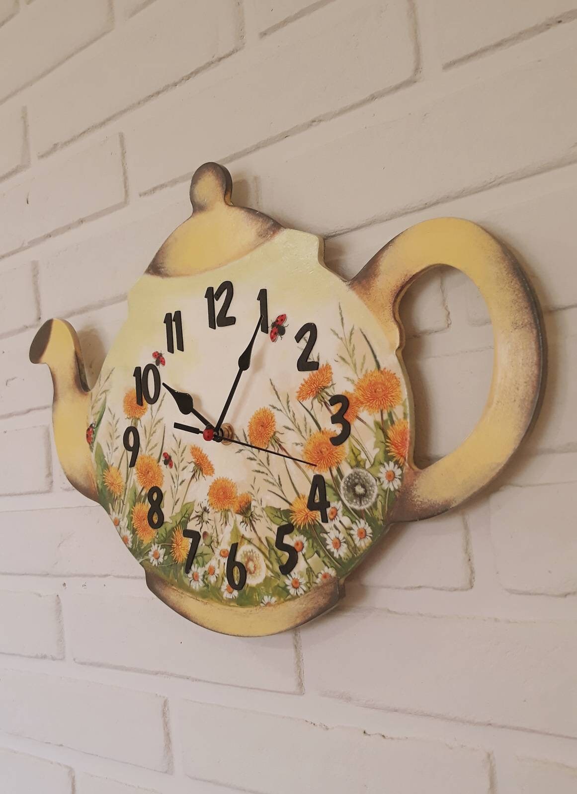 Teapot Clock, Yellow Farmhouse Kitchen Wall Clock, Ladybugs and Daisies ...