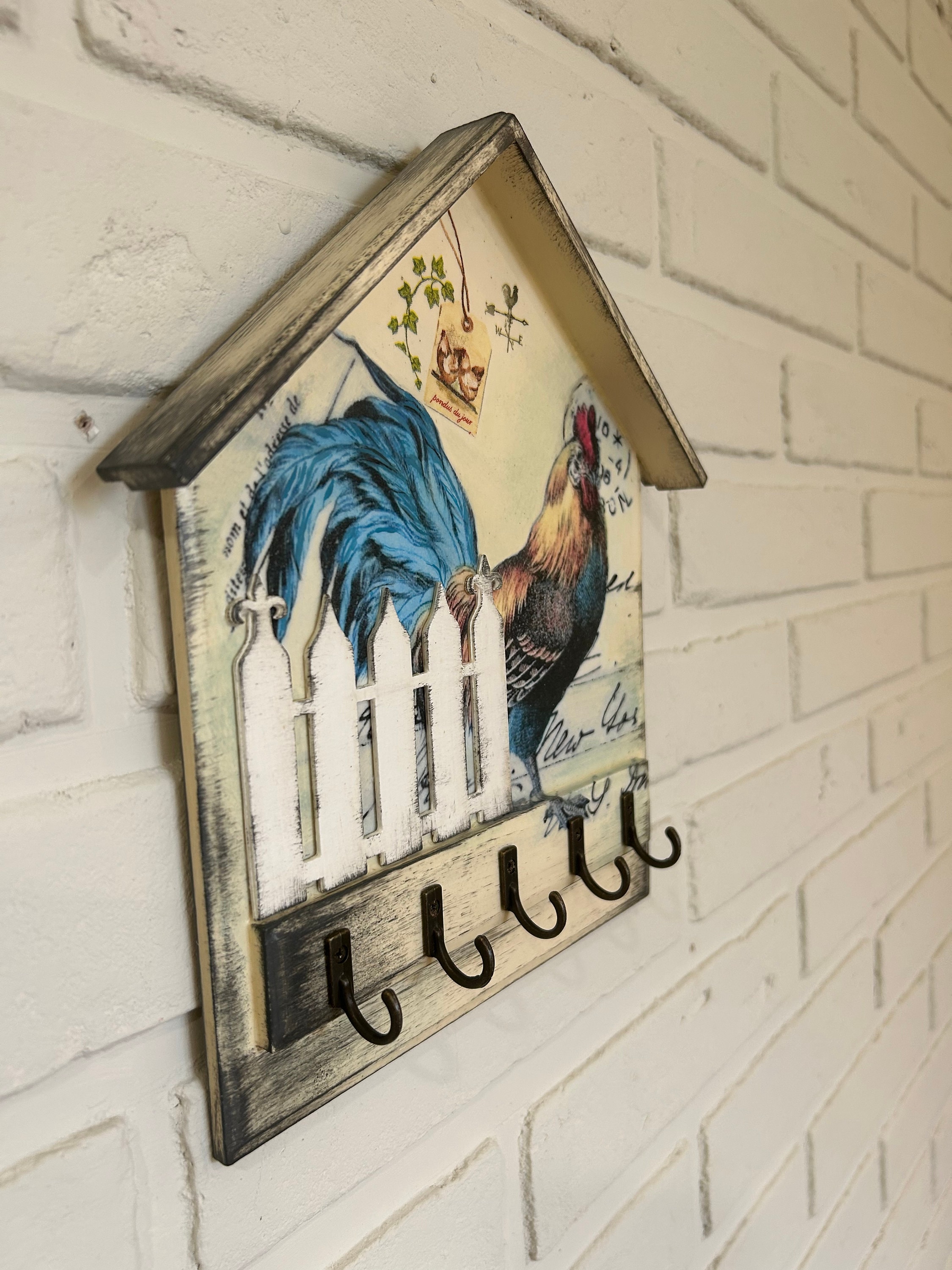 Farmhouse Country French Rooster and Hens House Key Holder, Key Hanger ...