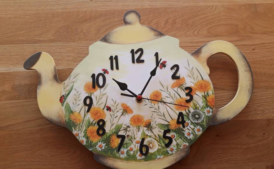 Teapot Clock, Yellow Farmhouse Kitchen Wall Clock, Ladybugs and Daisies ...
