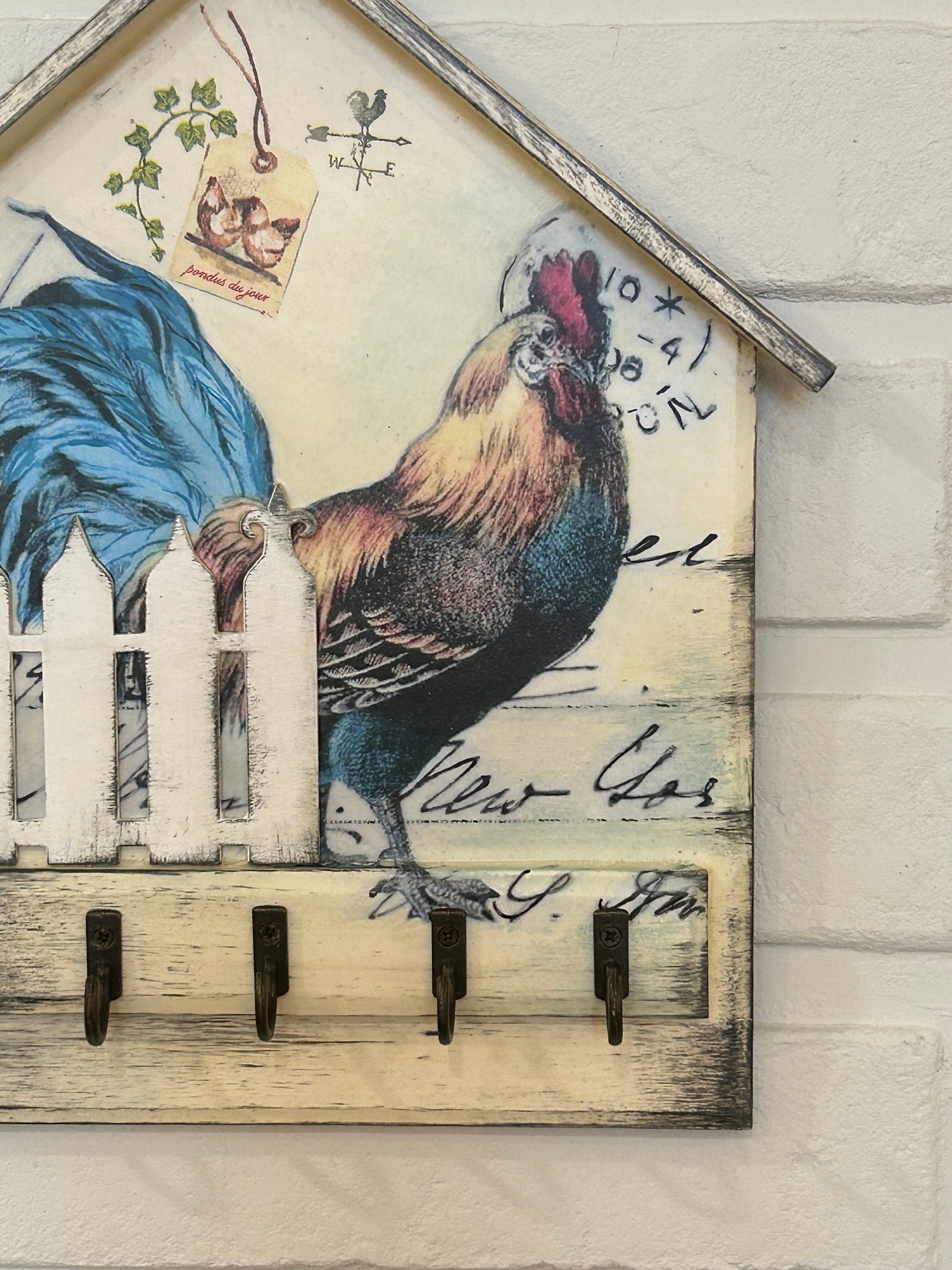 Farmhouse Country French Rooster and Hens House Key Holder, Key Hanger ...