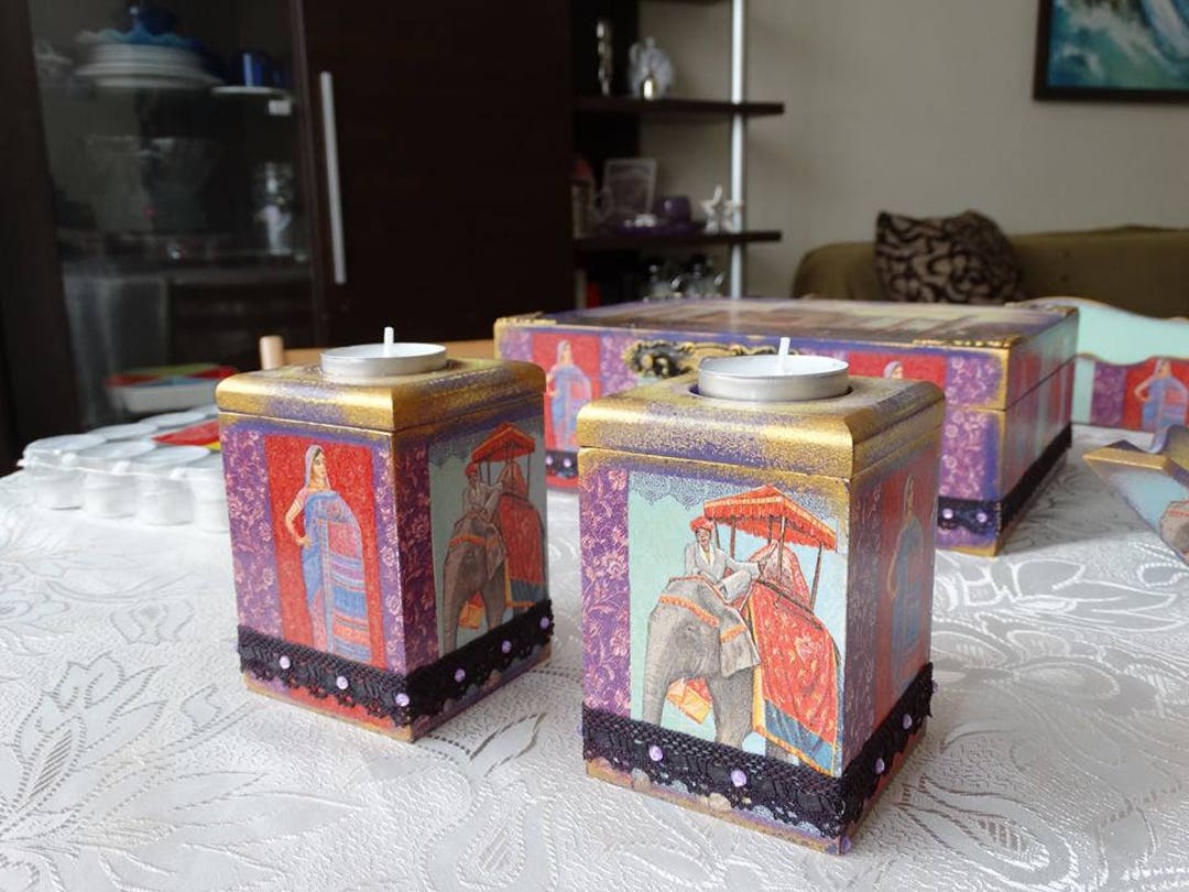 Two Indian Candlesticks Like Small Boxes, Elepfants Purple Red Gold ...