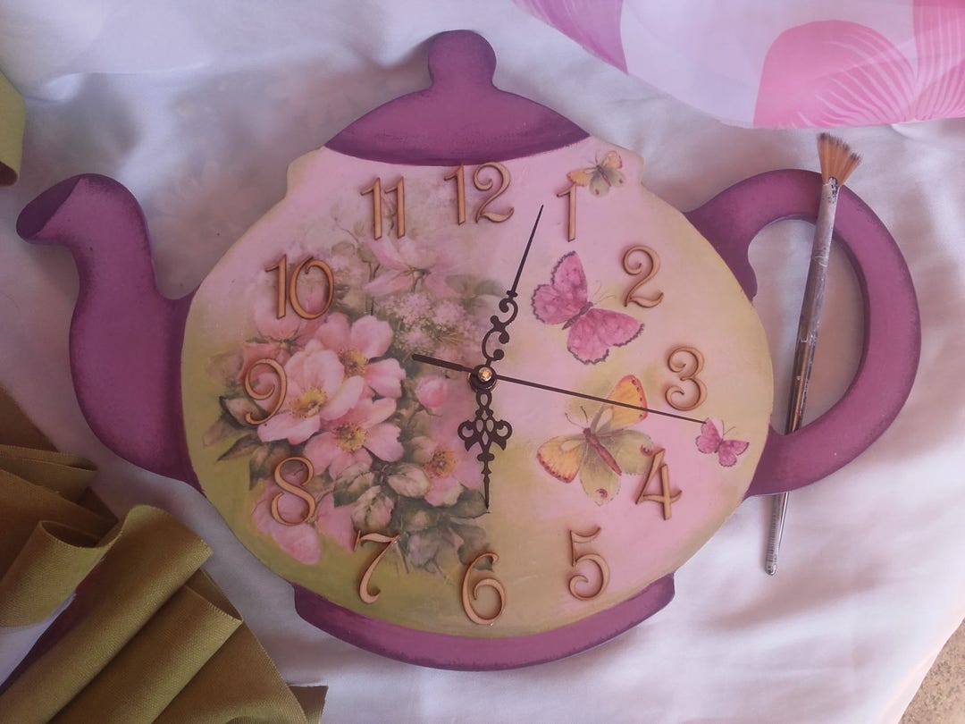 Teapot Pink Green Wall Clock, Tea Pot Clock Flowers & Butterflies ...