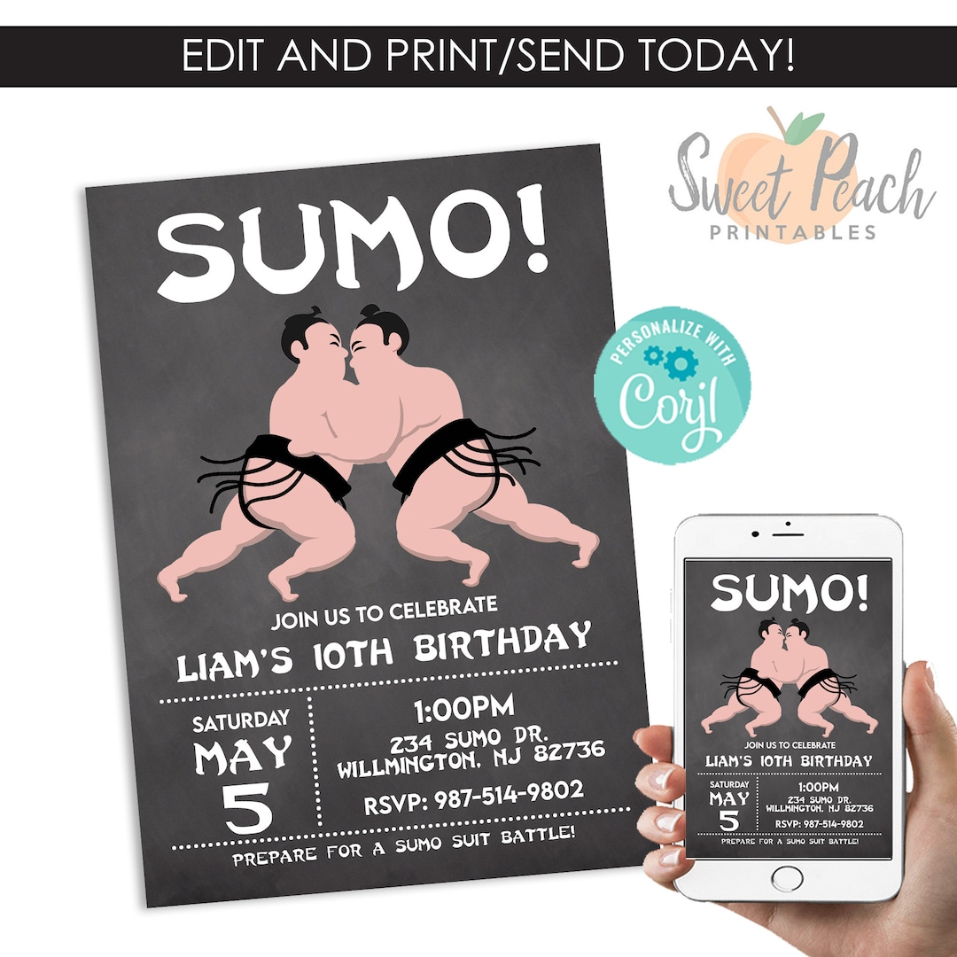 Editable Sumo Birthday Invite Invitation 5x7 Digital Japanese Sumo ...