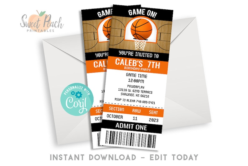 Editable Basketball Ticket Birthday Invite Invitation 3x7 Digital Hoop ...