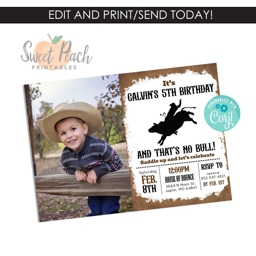 Editable Bull Ride Photo Invitation Birthday Digital 7x5 Picture ...