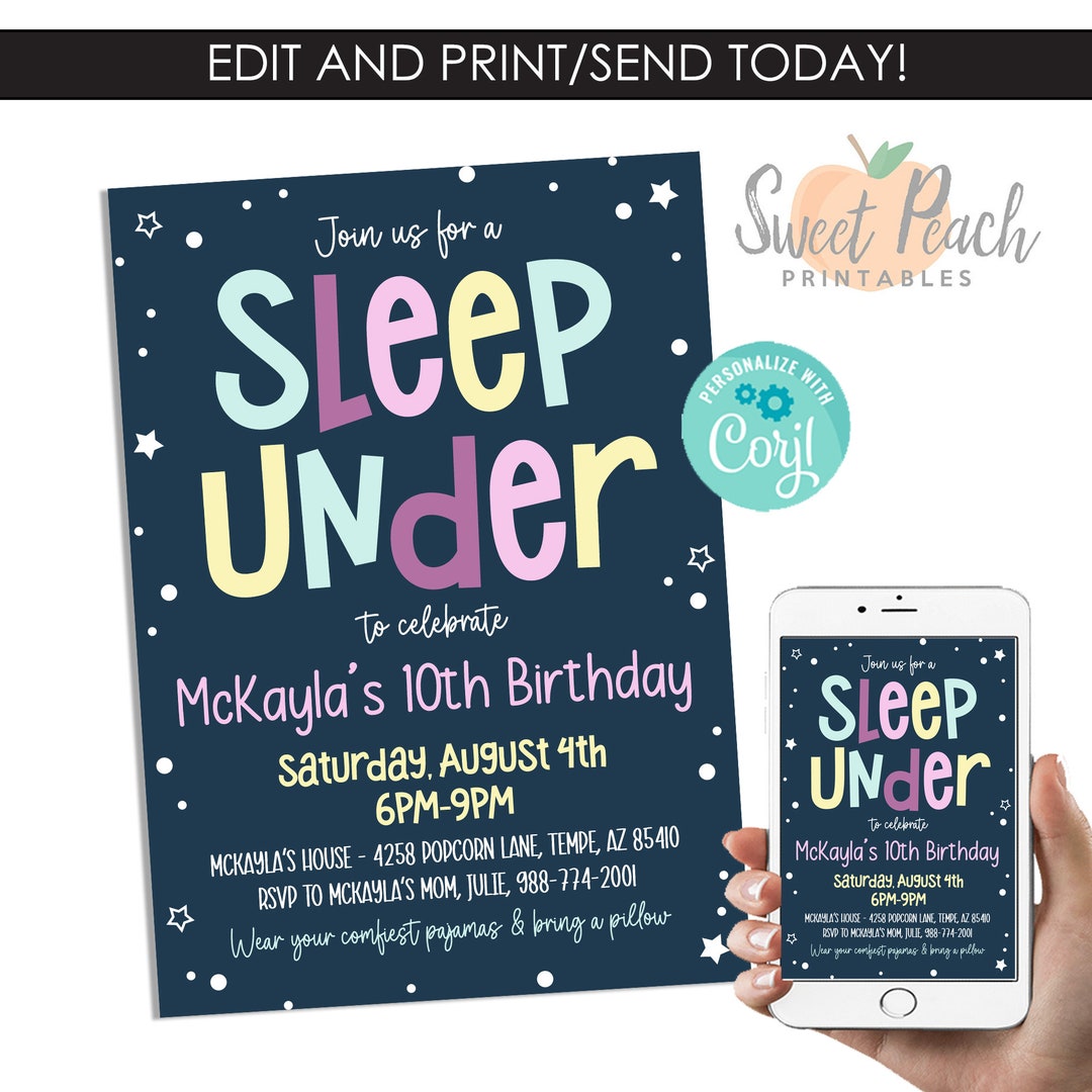 Editable Sleep Under Invite Birthday Girls Invitation Sleepunder ...