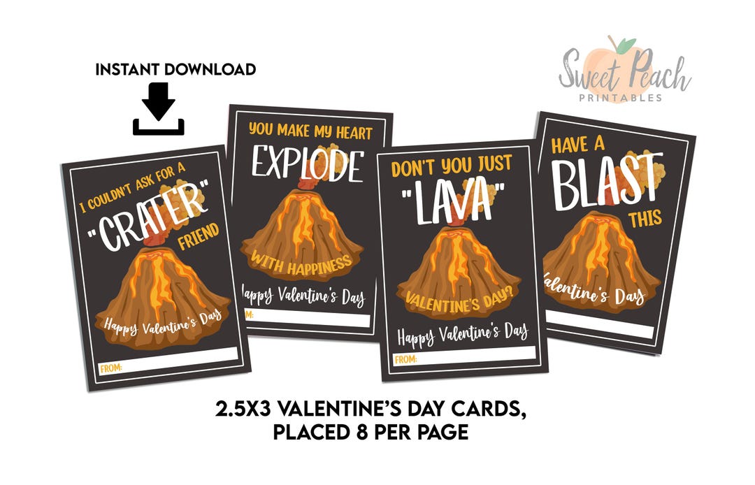 Volcano Valentine's Day Cards Printable Instant Download Kids Classroom ...