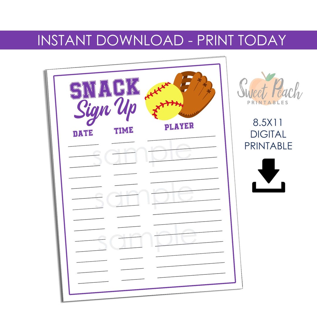 Softball Snack Signups Sheet Sign up 8.5x11 Printable Instant Download ...