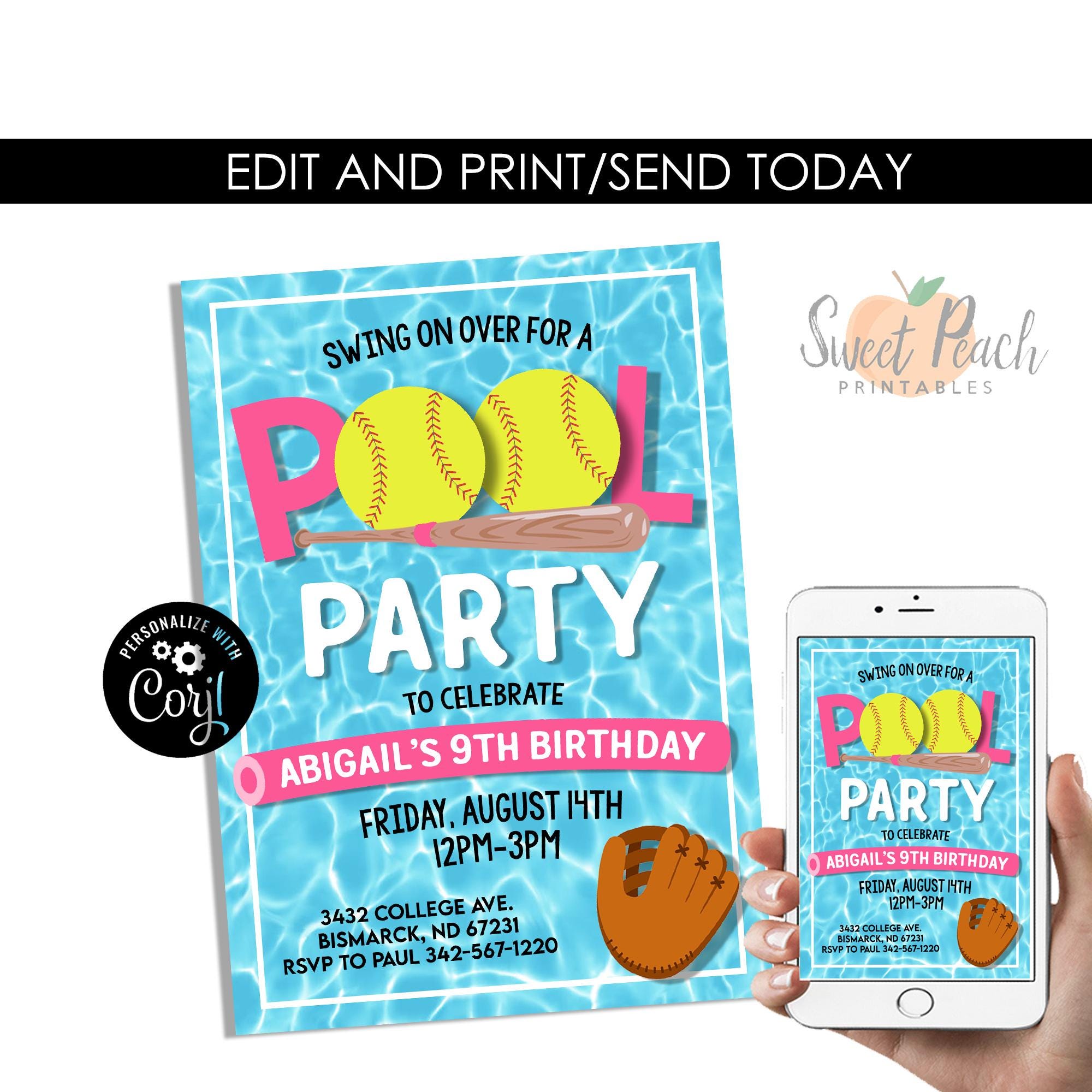 Editable Softball Pool Party Invitation Birthday Invite Digital 5x7 ...