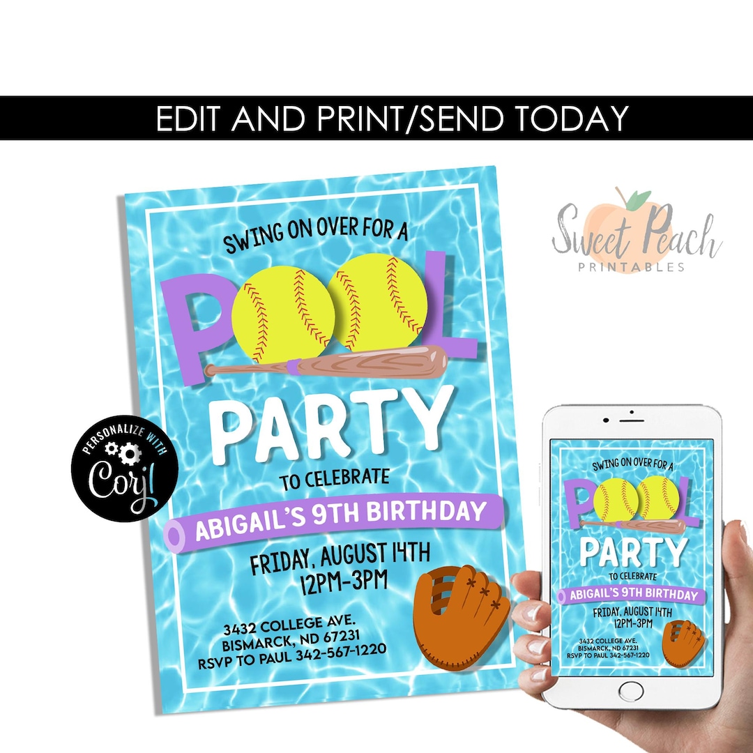 Editable Softball Pool Party Birthday Invitation Invite Digital 5x7 ...