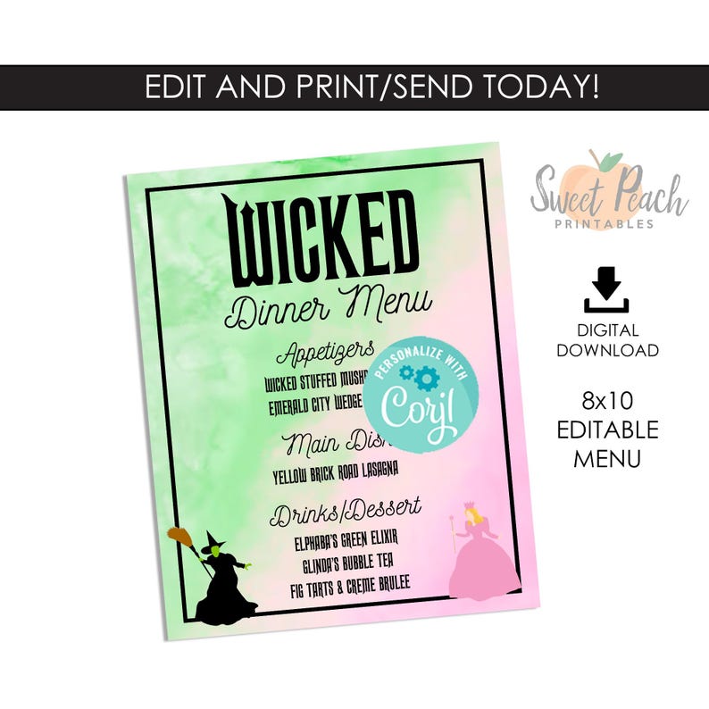 Wicked Inspired Menu EDITABLE Digital Musical Dinner Party Pink Green ...