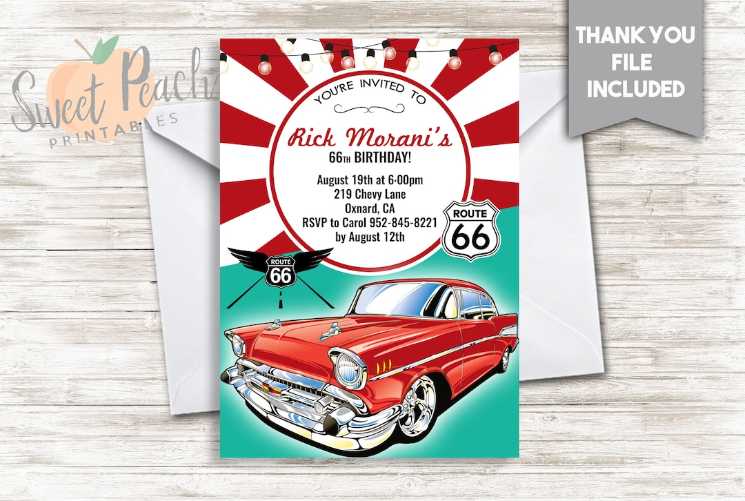 Route 66 Birthday Invite 5x7 Digital Personalized Classic Car Birthday ...