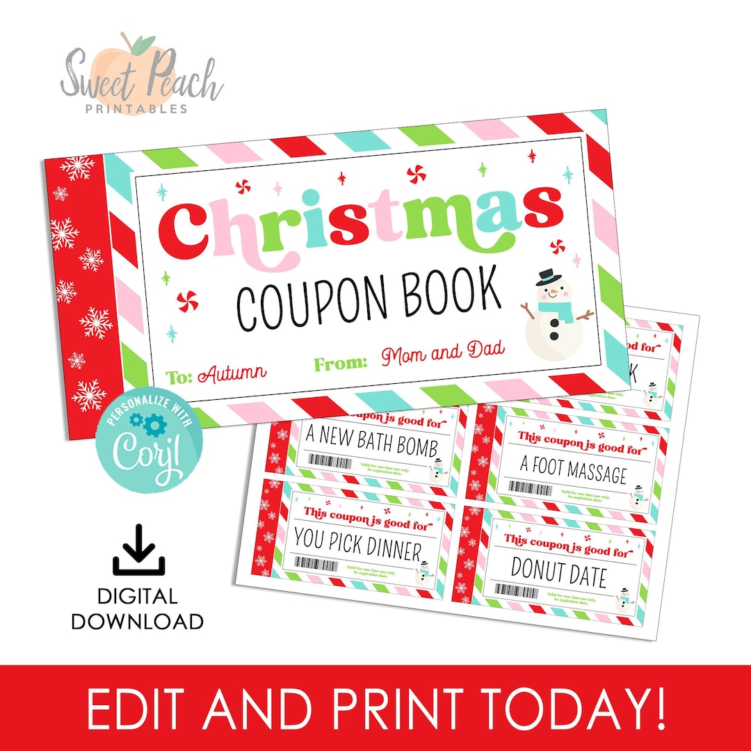 Christmas Coupon Book Editable Templates Kids Gift Idea Digital Instant ...
