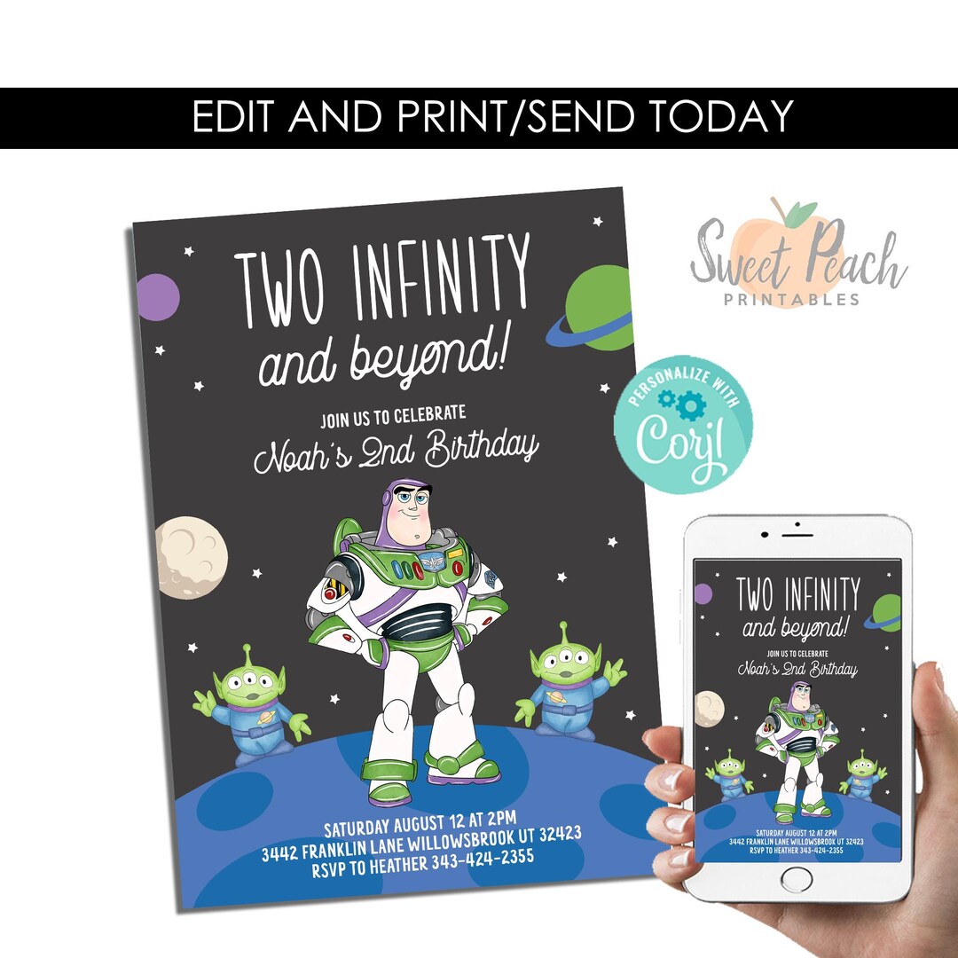 Editable Buzz Lightyear Invite Birthday Invitation Two Infinity and ...