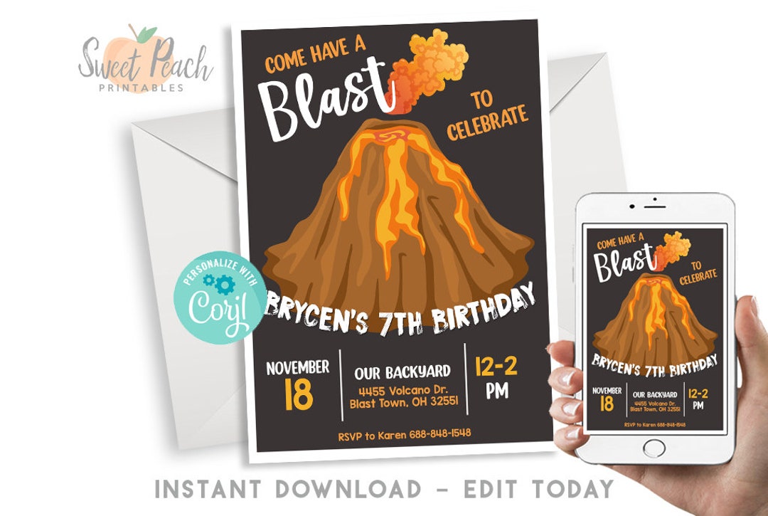 Editable Volcano Birthday Invitation Invite Digital 5x7 Blast Science ...