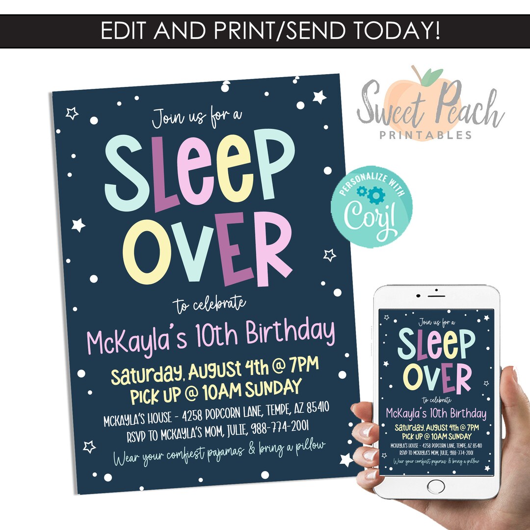 Editable Sleep Over Invitation Birthday Slumber Party Invite Digital ...