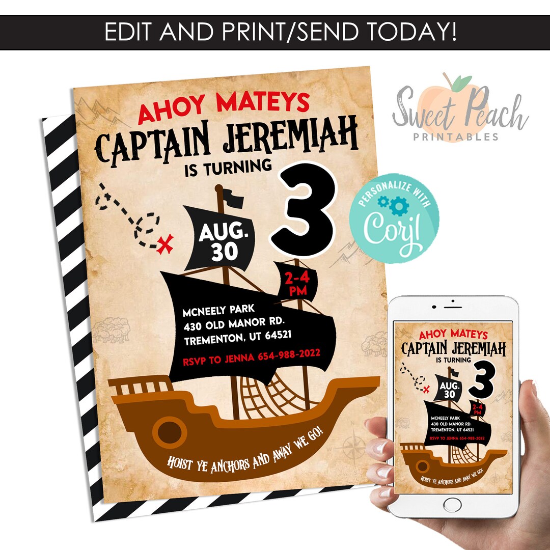 Editable Pirate Birthday Invite Pirates Invitation Kids Party Digital ...