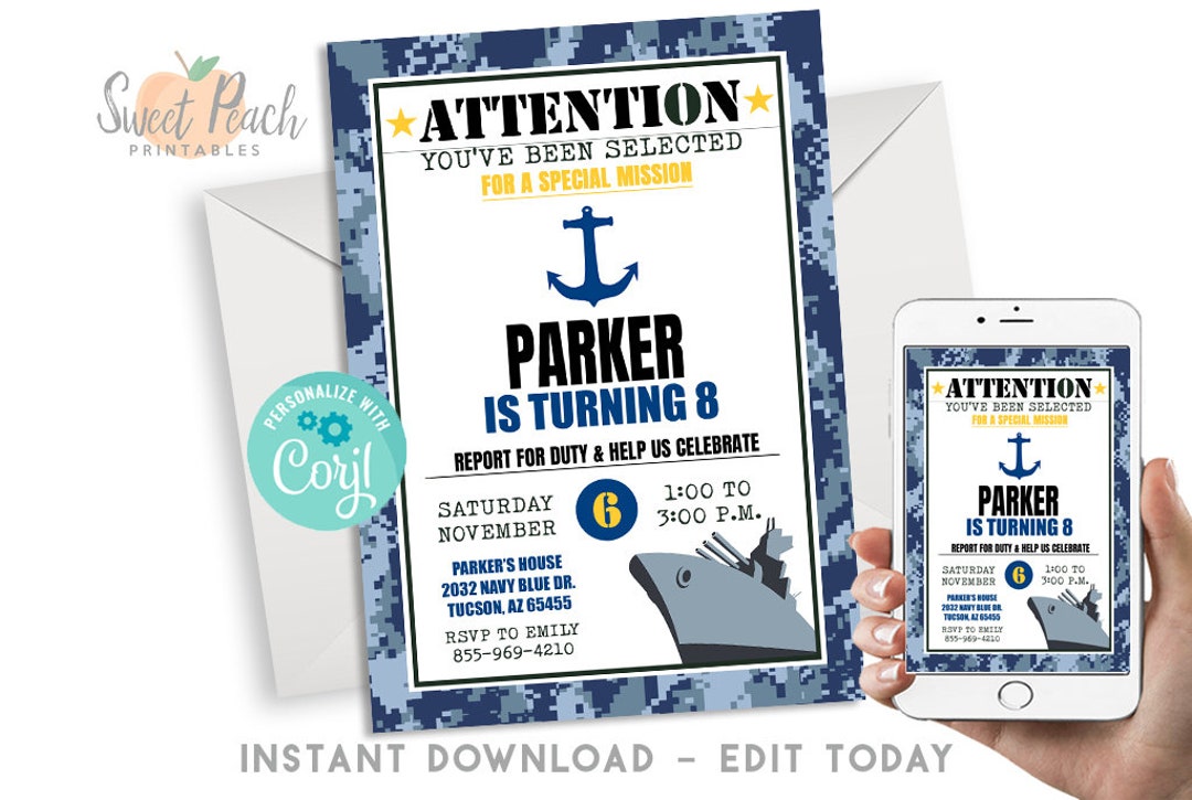 Editable Navy Birthday Invite Invitation 5x7 Digital Military ...