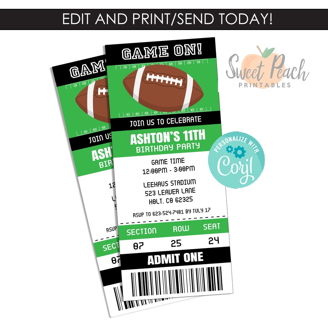 Editable Football Ticket Birthday Invite Invitation 3x7 Digital ...