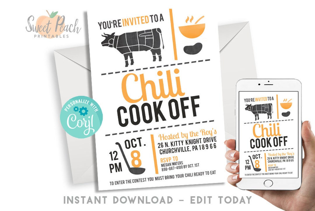 Editable Chili Cook off Invite Template 5x7 Digital Chili Party ...