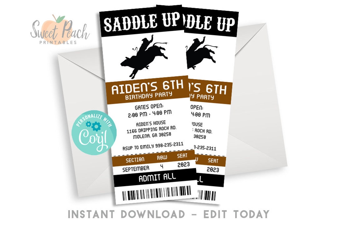Editable Birthday Cowboy Rodeo Ticket 3x7 Digital Invitation Bull ...