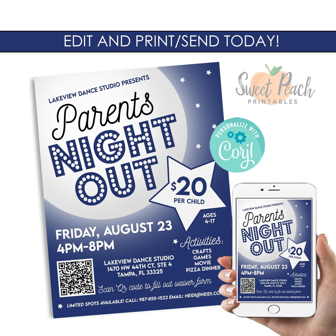 Editable Parents Night Out Flyer Template 8.5x11 Digital Fundraiser ...