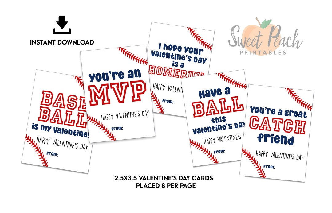 Baseball Valentine's Day Cards Printable Digital Instant Download ...