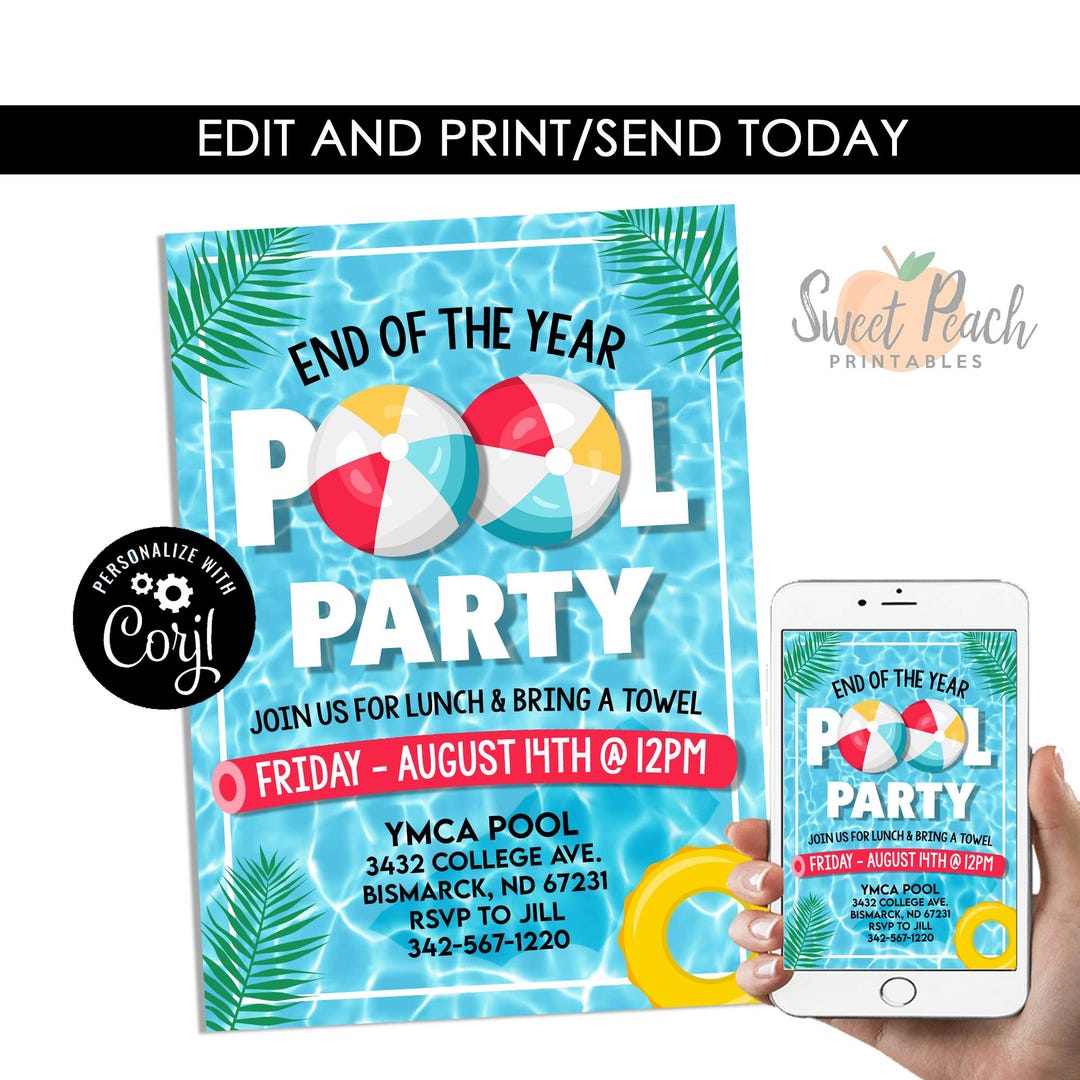 Editable End of Year Pool Party Template Invite Invitation Digital 5x7 ...