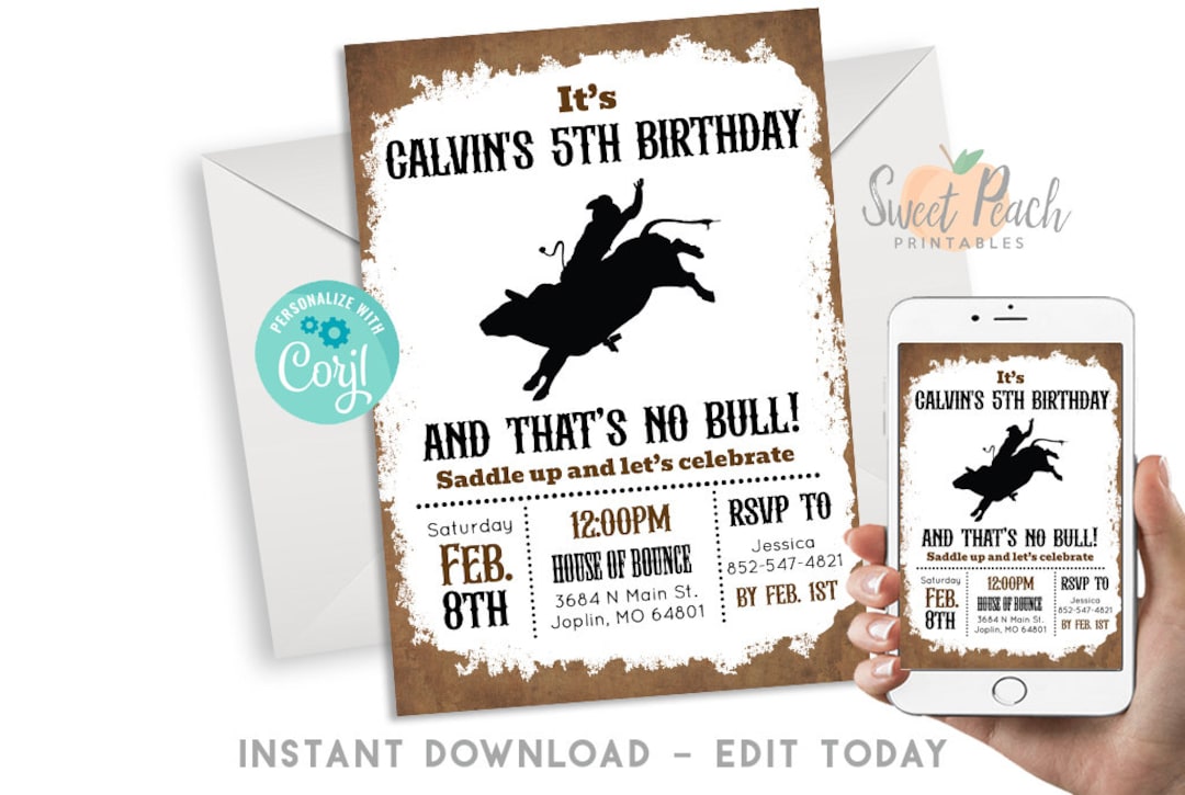 Editable Bull Ride Birthday Invite Invitation 5x7 Digital Instant ...