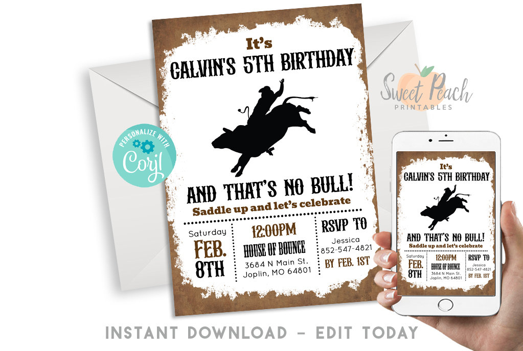 Editable Bull Ride Birthday Invite Invitation 5x7 Digital Instant ...
