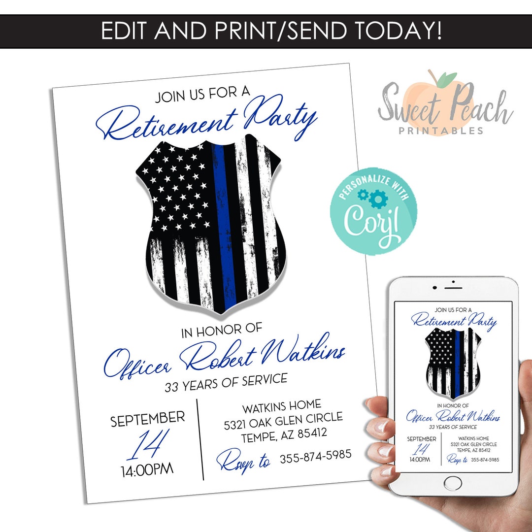 Editable Police Officer Retirement Invite Invitation Digital 5x7 ...