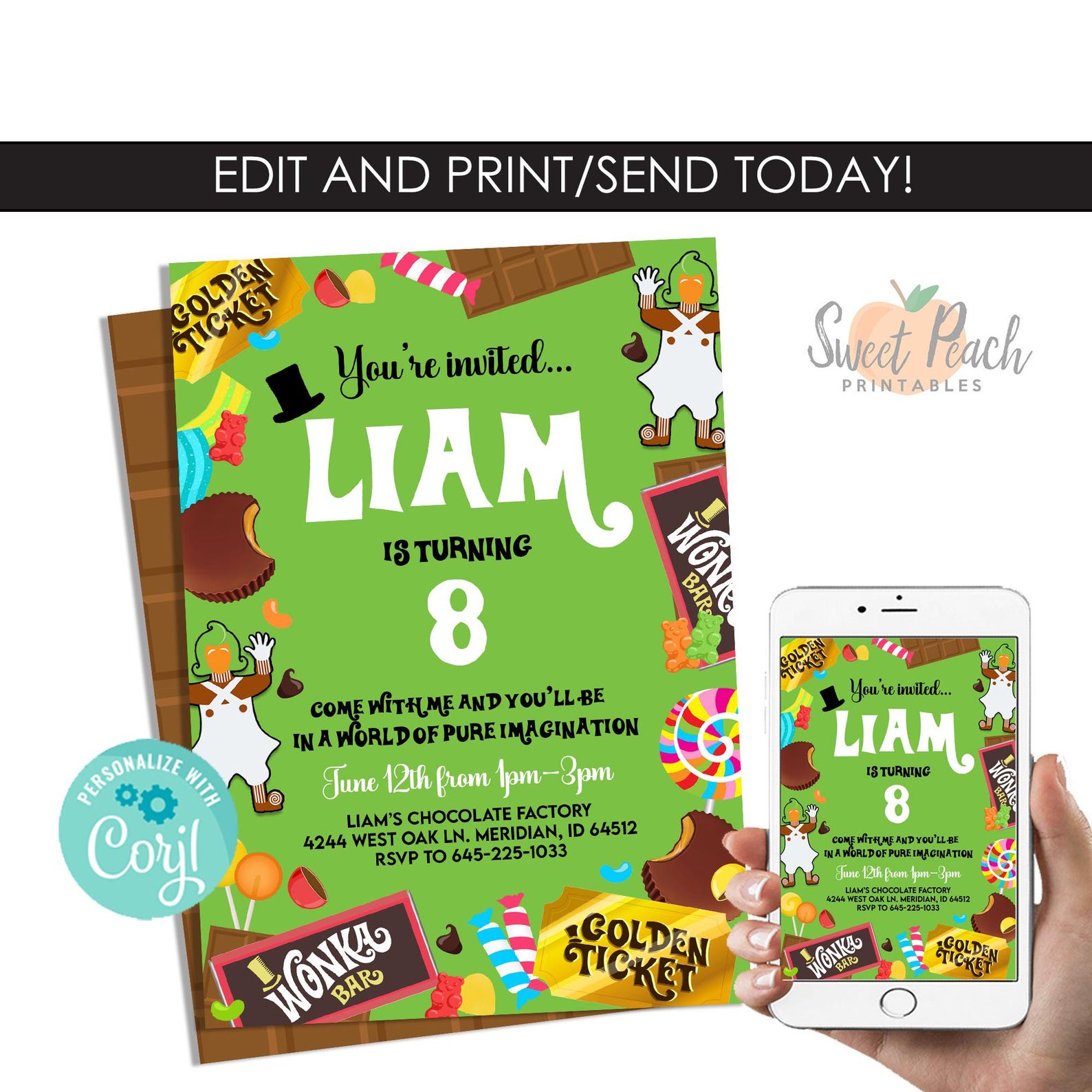 Editable Chocolate Factory Birthday Invites Green Invitations Digital ...
