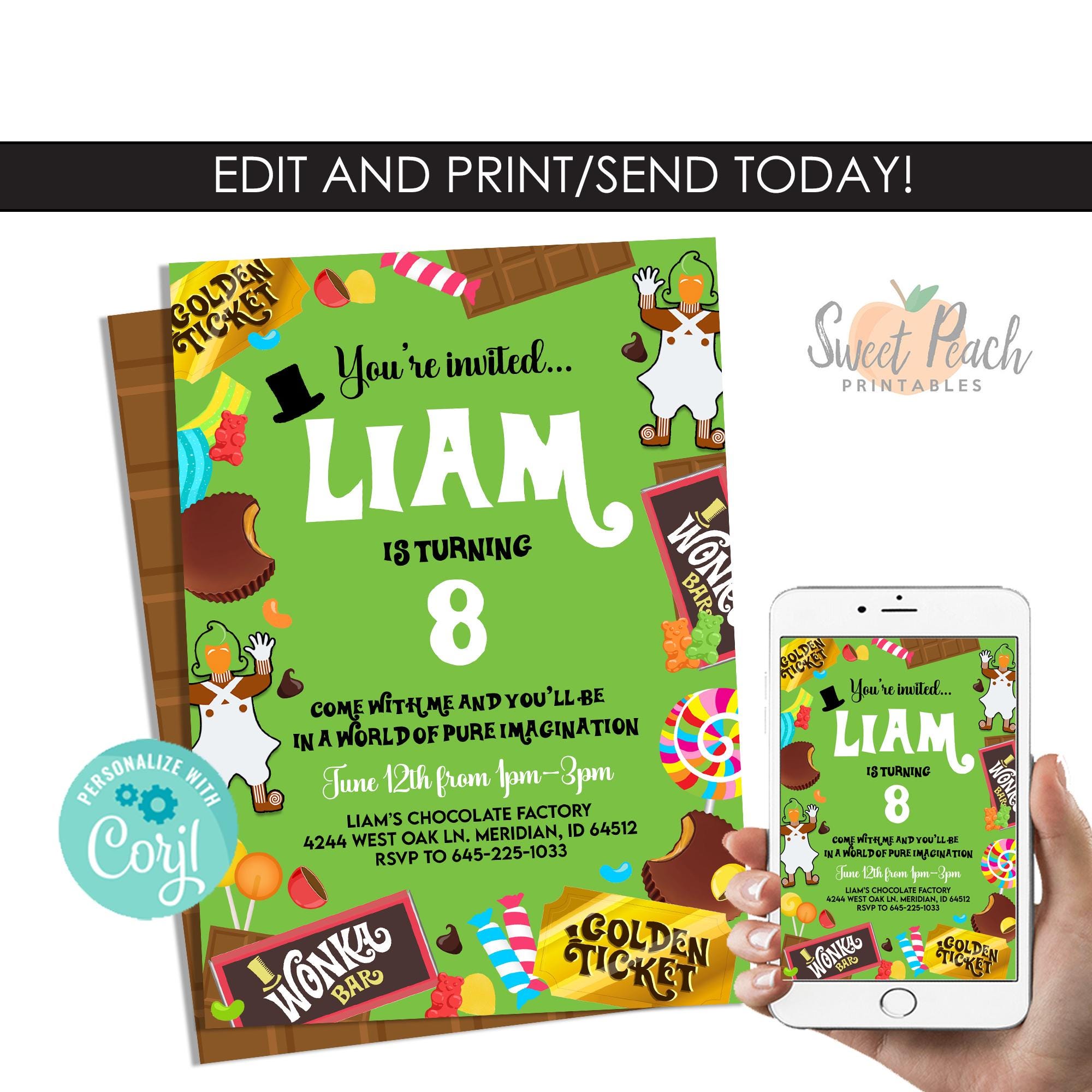 Editable Chocolate Factory Birthday Invites Green Invitations Digital ...