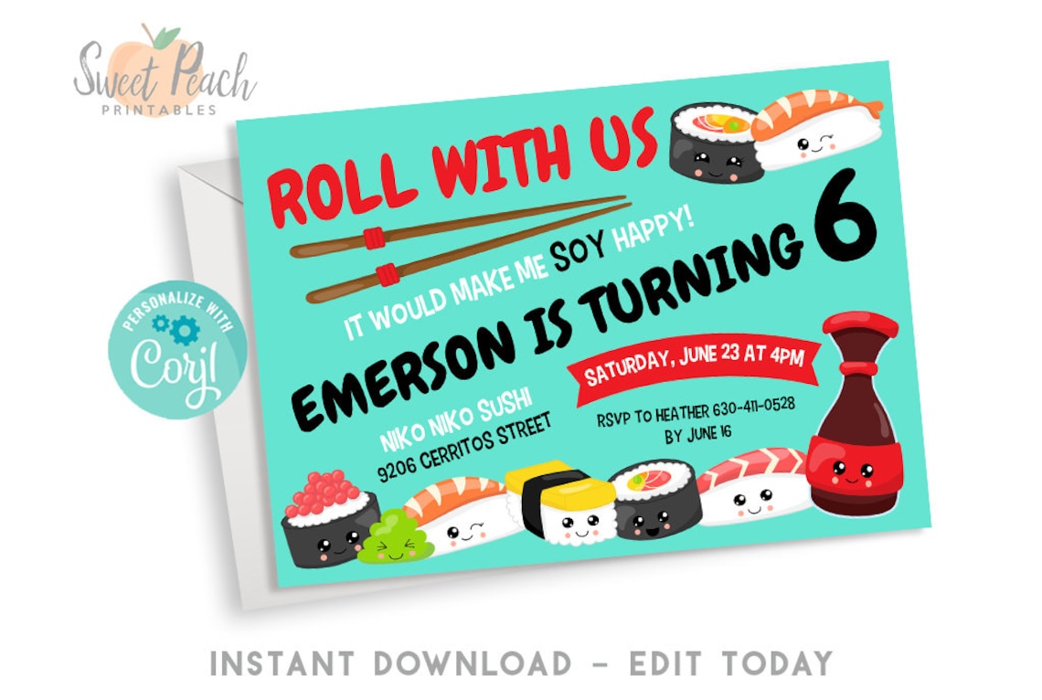 Editable Sushi Birthday Invite Invitation 7x5 Digital Invitation Kids ...
