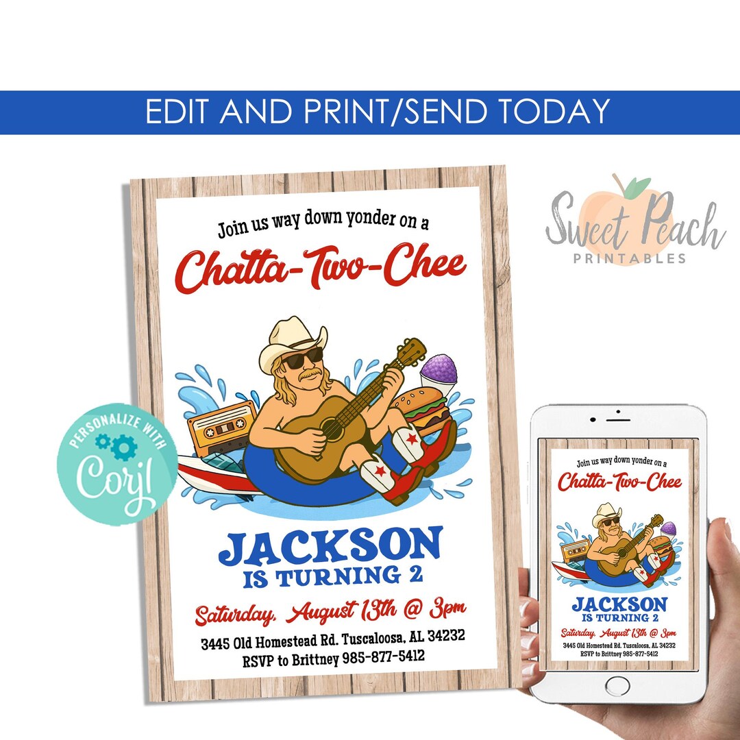 Editable Chatta TWO Chee Birthday Invitation Invite Way Down Yonder ...