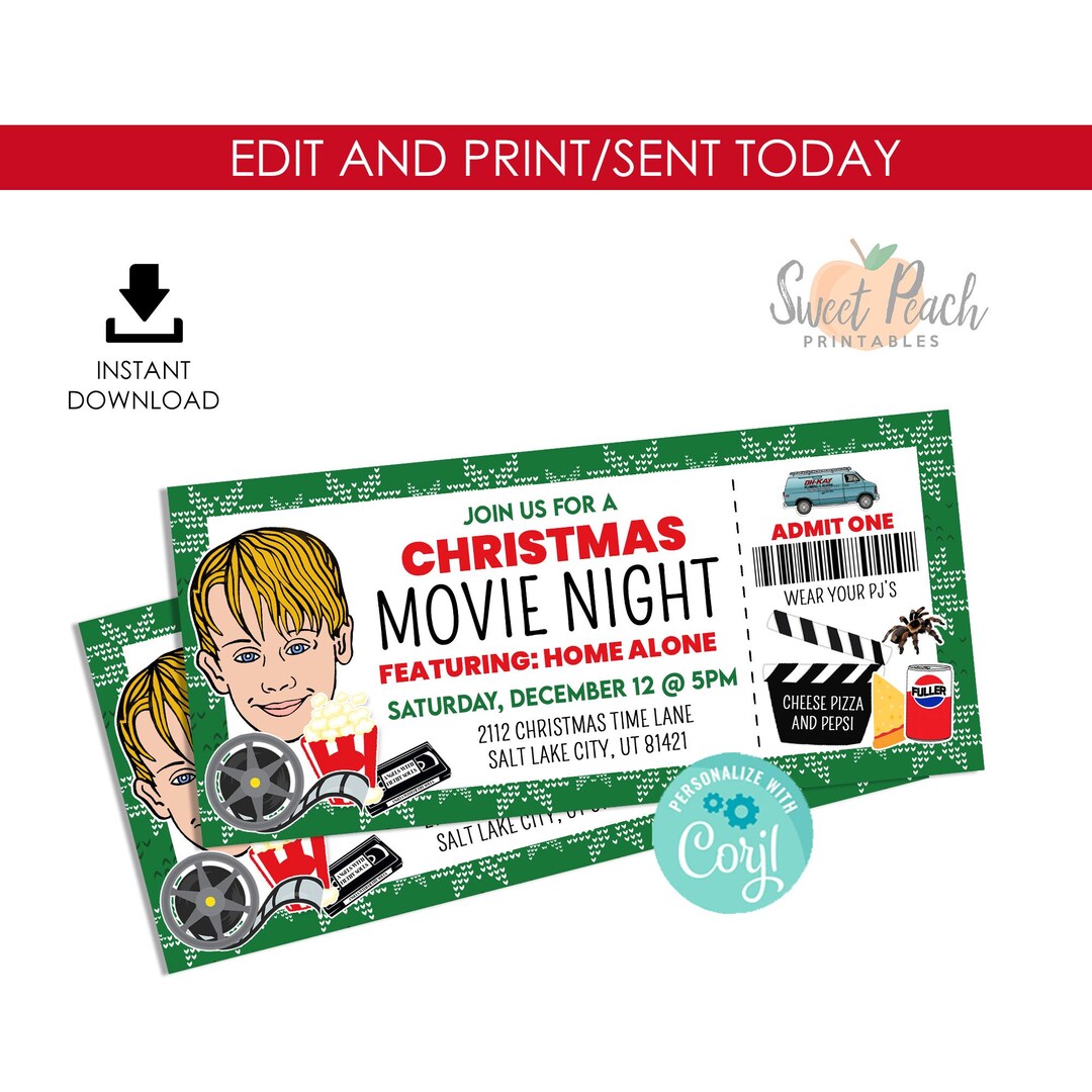 EDITABLE Home Alone Movie Night Ticket Invitation Invite Party ...