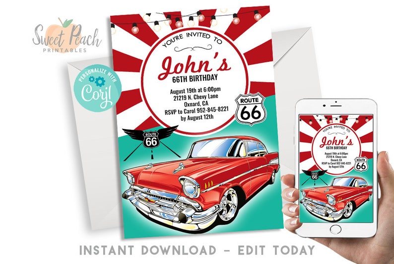 Editable Route 66 Birthday Invite Classic Chevy Corvette Man's ...