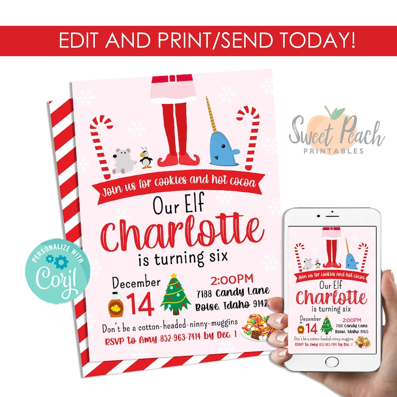 Editable Jovie Elf Birthday Invitation Invite Pink Party Digital 5x7 ...