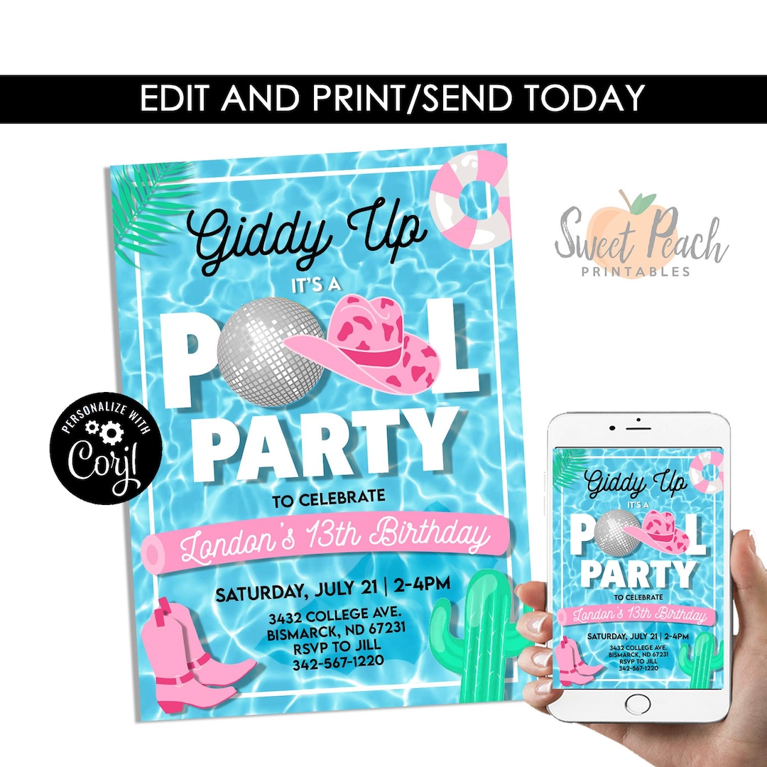 Editable Cowgirl Pool Party Invite Invitation Giddy up Template Kids ...