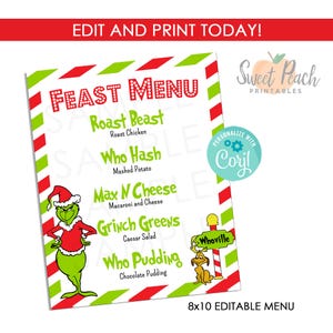 Grinch Menu Digital Editable 8x10 Christmas Dinner Party Movie Night ...