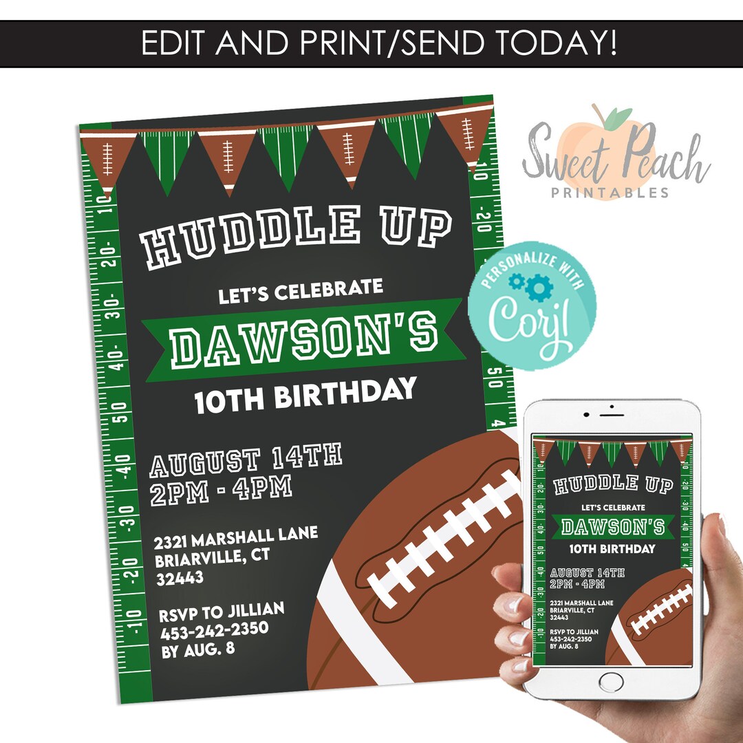 Editable Football Birthday Invite Invitation 5x7 Boy Sports Kids ANY ...